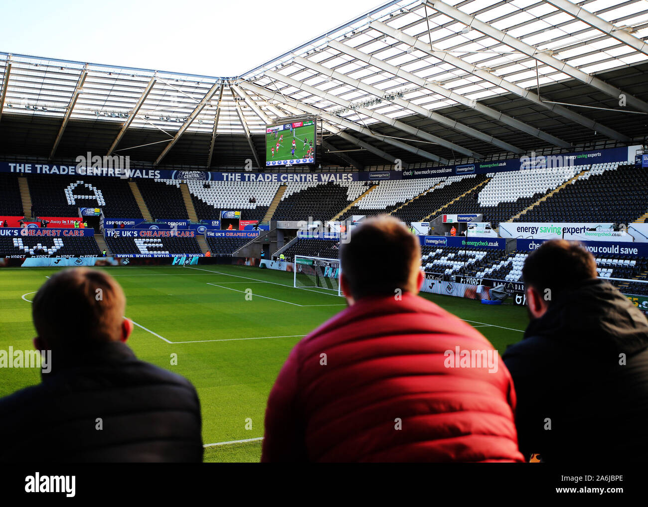 Swansea fans watch the match on the stadium screen during the 2019 ...