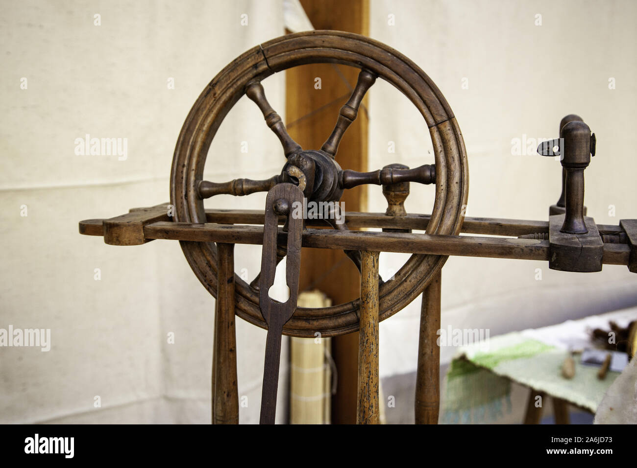 Spinning wheel, detail of ancient craftsmanship, thread manufacturing ...