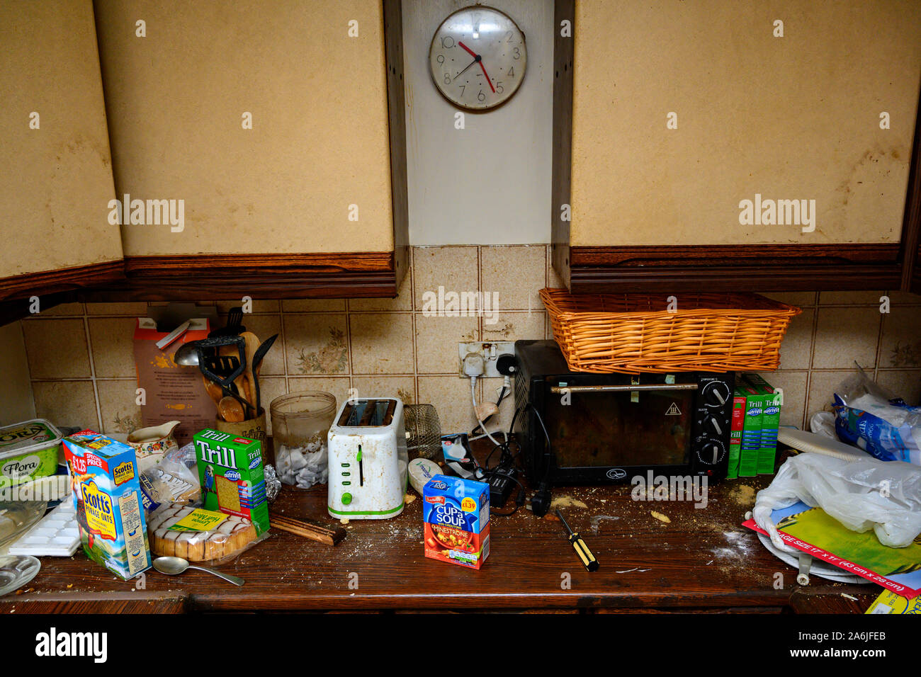 Messy and dirty kitchen worktop Stock Photo - Alamy
