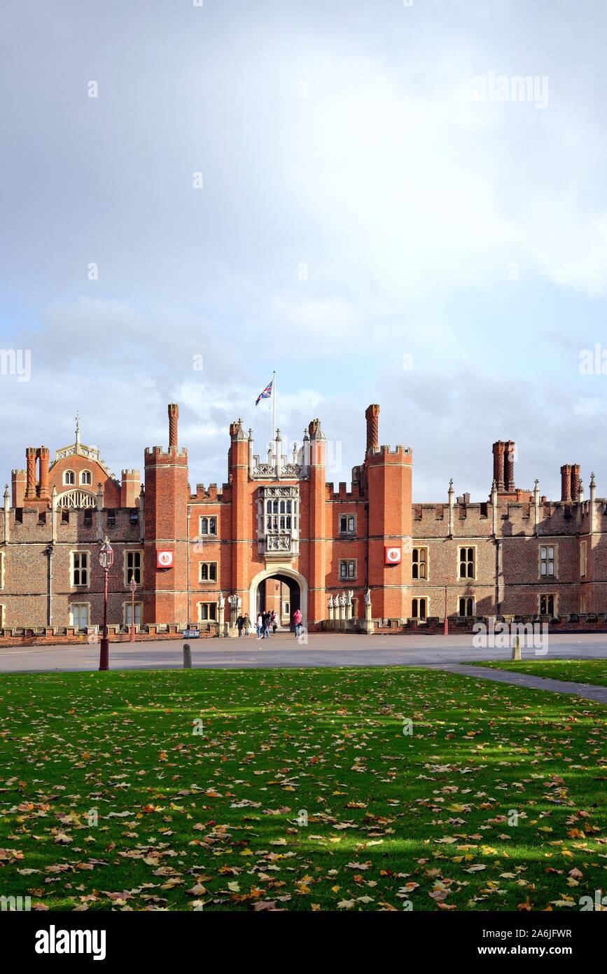 The entrance to Hampton Court Palace on a sunny autumn day, Hampton ...