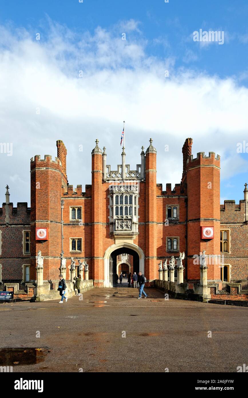 The entrance to Hampton Court Palace on a sunny autumn day, Hampton ...
