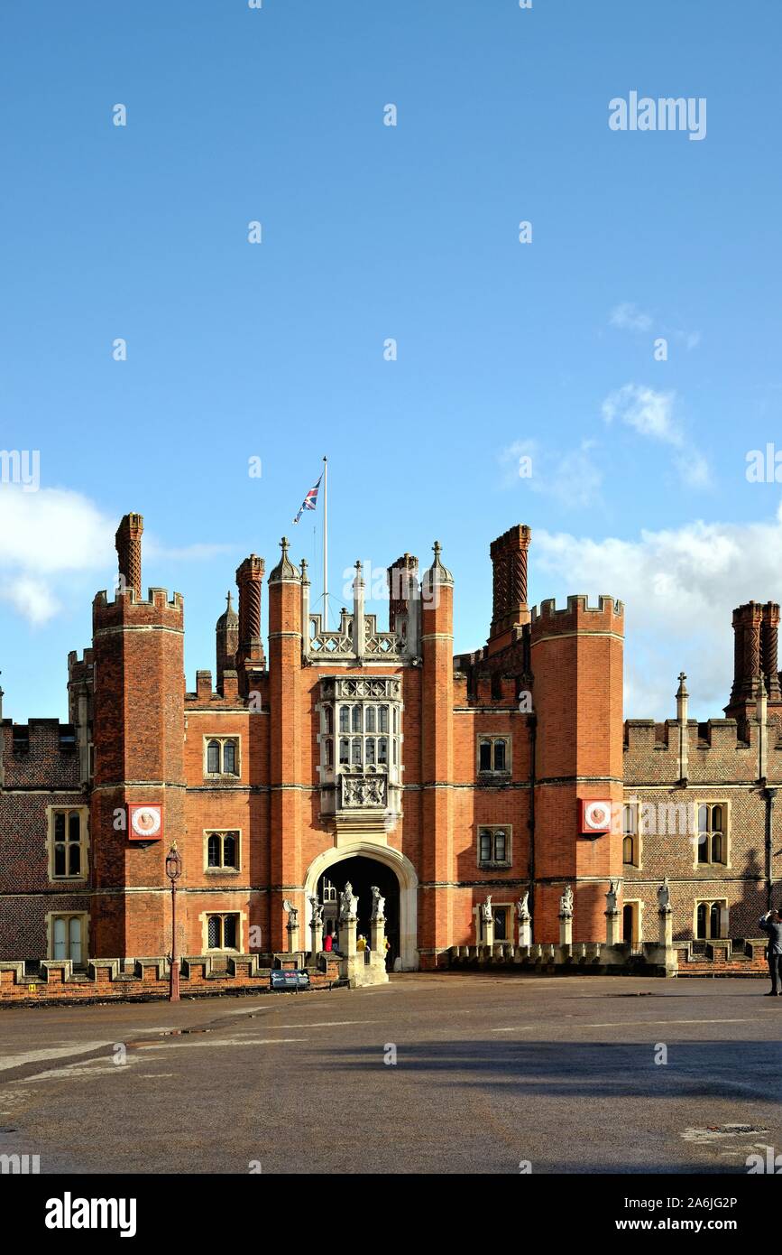 The entrance to Hampton Court Palace on a sunny autumn day, Hampton ...