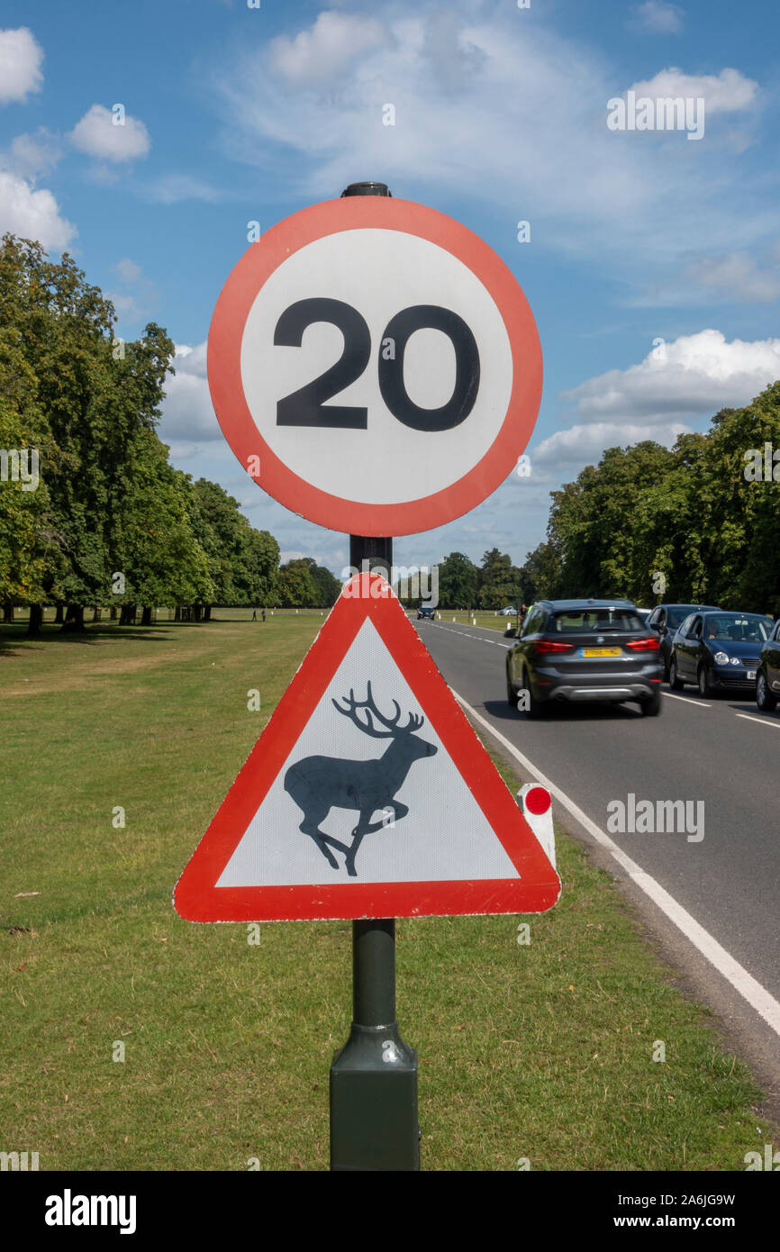 Cars passing a 20mph speed limit sign with a warning sign for deer ...