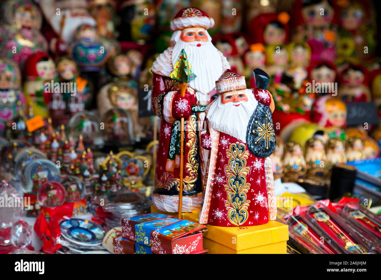 Sale of figures of Fathers Frost (Ded Moroz) in a souvenir shop on the ...