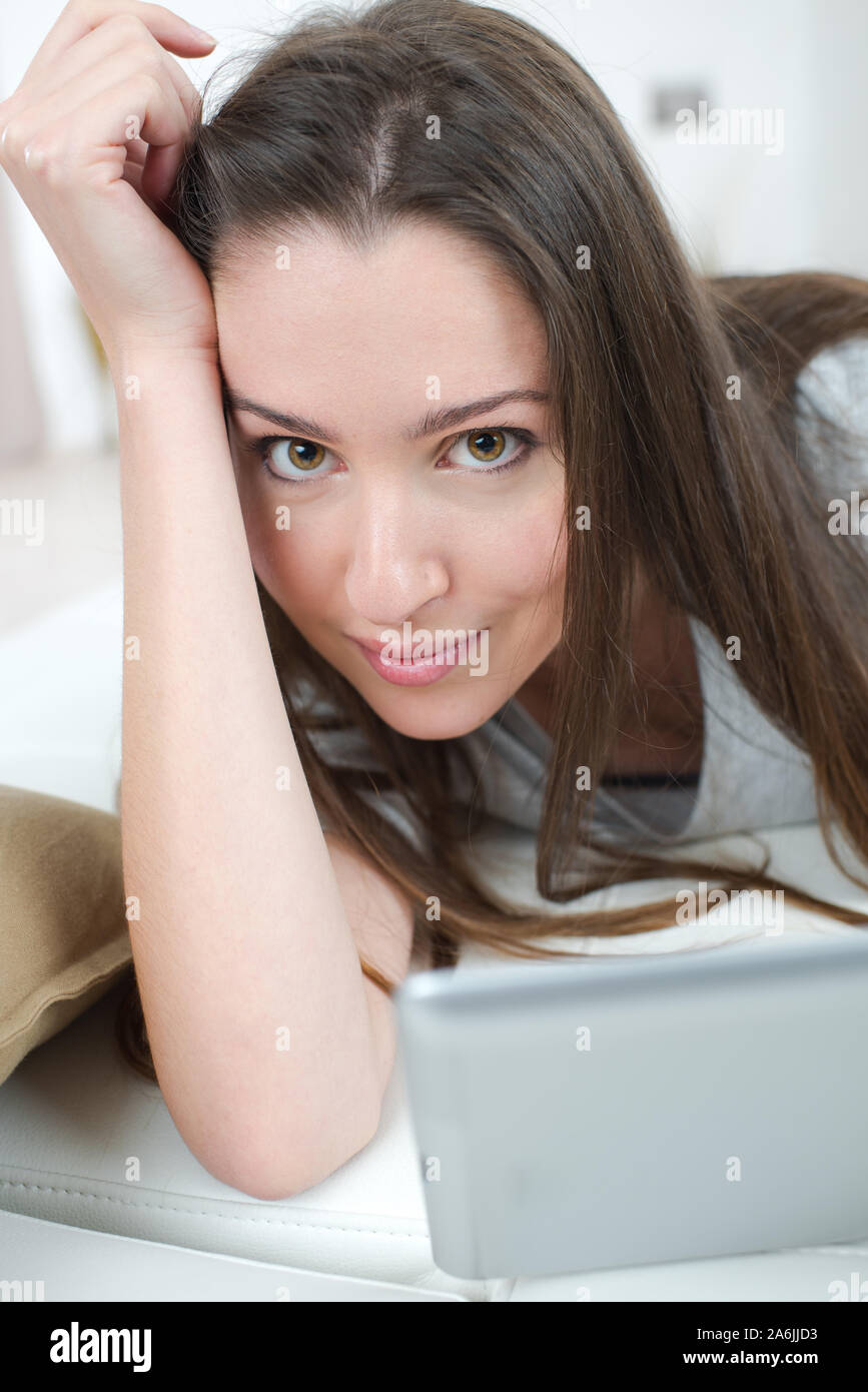 female portrait with touchscreen computer Stock Photo - Alamy