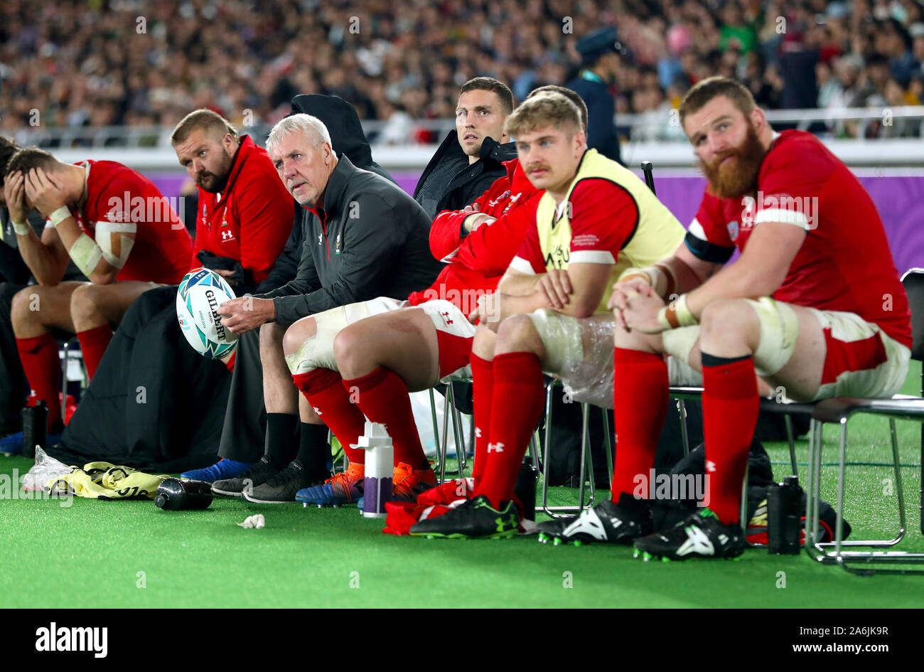 Wales players appear dejected on the bench during the 2019 Rugby World ...