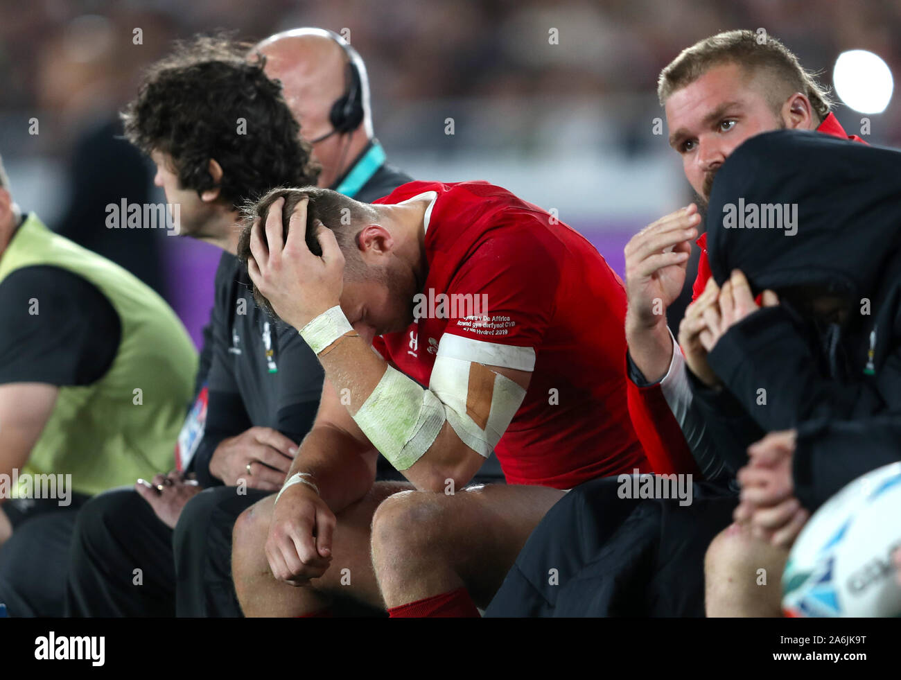 Wales players appear dejected on the bench during the 2019 Rugby World ...
