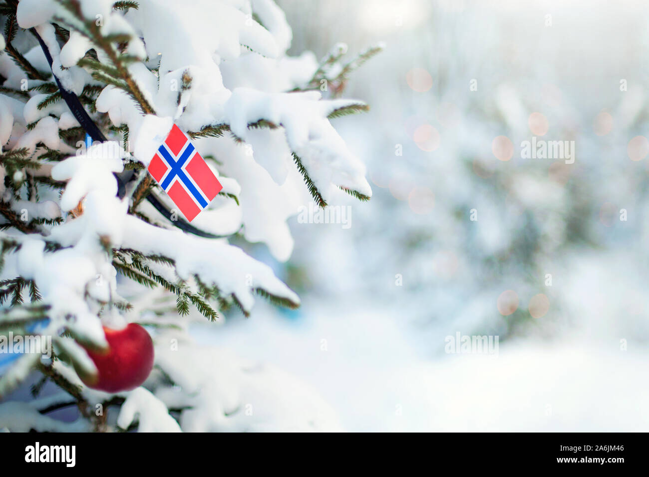 Christmas Norway. Xmas tree covered with snow, decorations and a flag ...