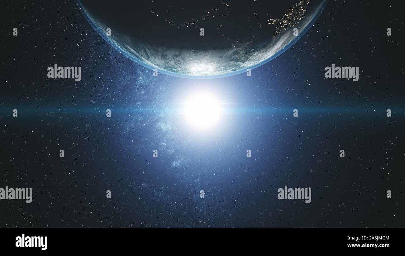 Majestic Rotate Earth Orbit Sunlight Glow Galaxy. Cosmos Interstellar ...