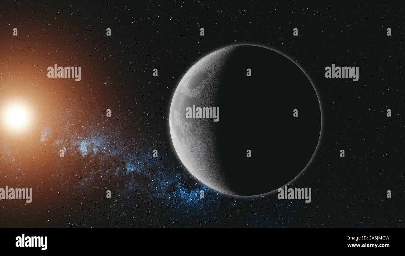 Moon Orbit Surface Sun Beam Glow Starry Galaxy. Planet Motion Sight ...
