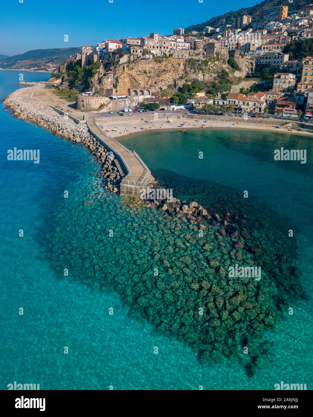 Aerial view of Pizzo Calabro, pier, castle, Calabria, tourism Italy ...