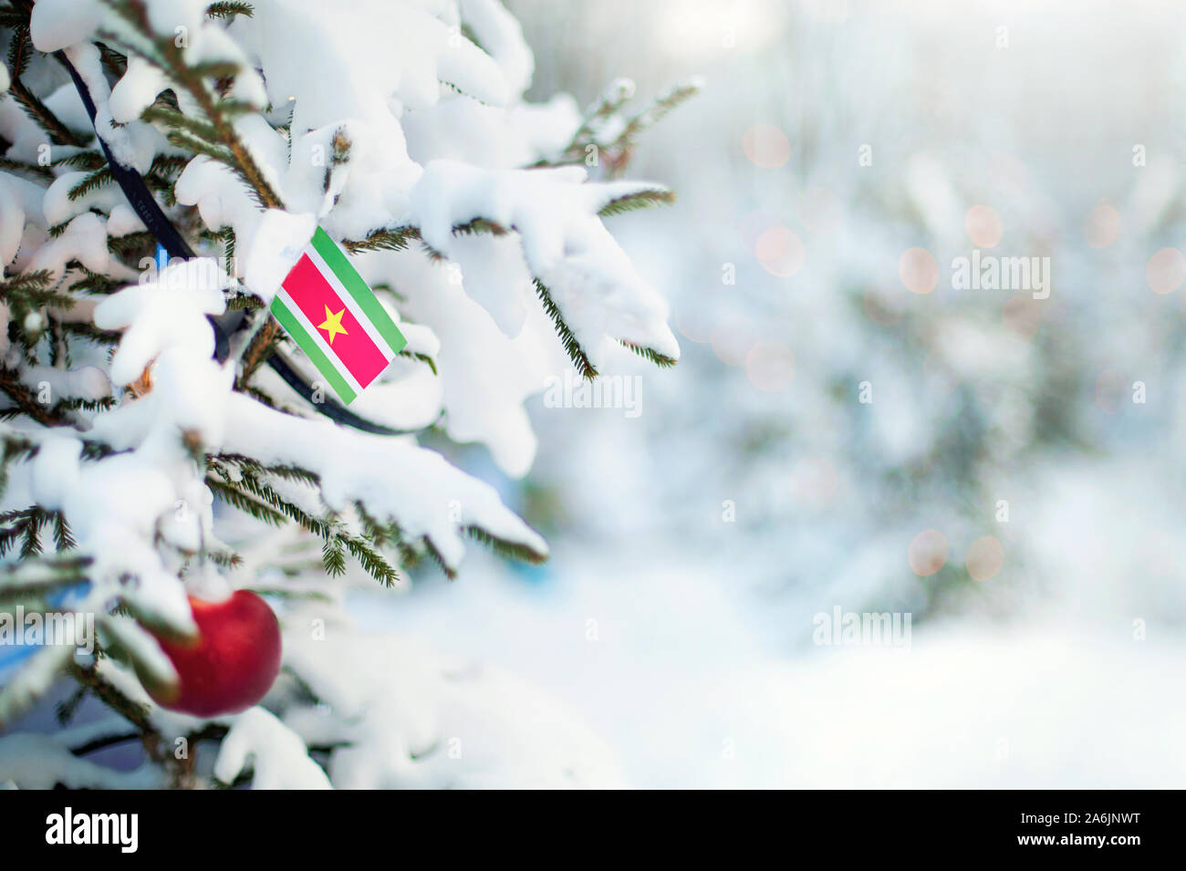 Christmas Suriname. Xmas tree covered with snow, decorations and a flag ...