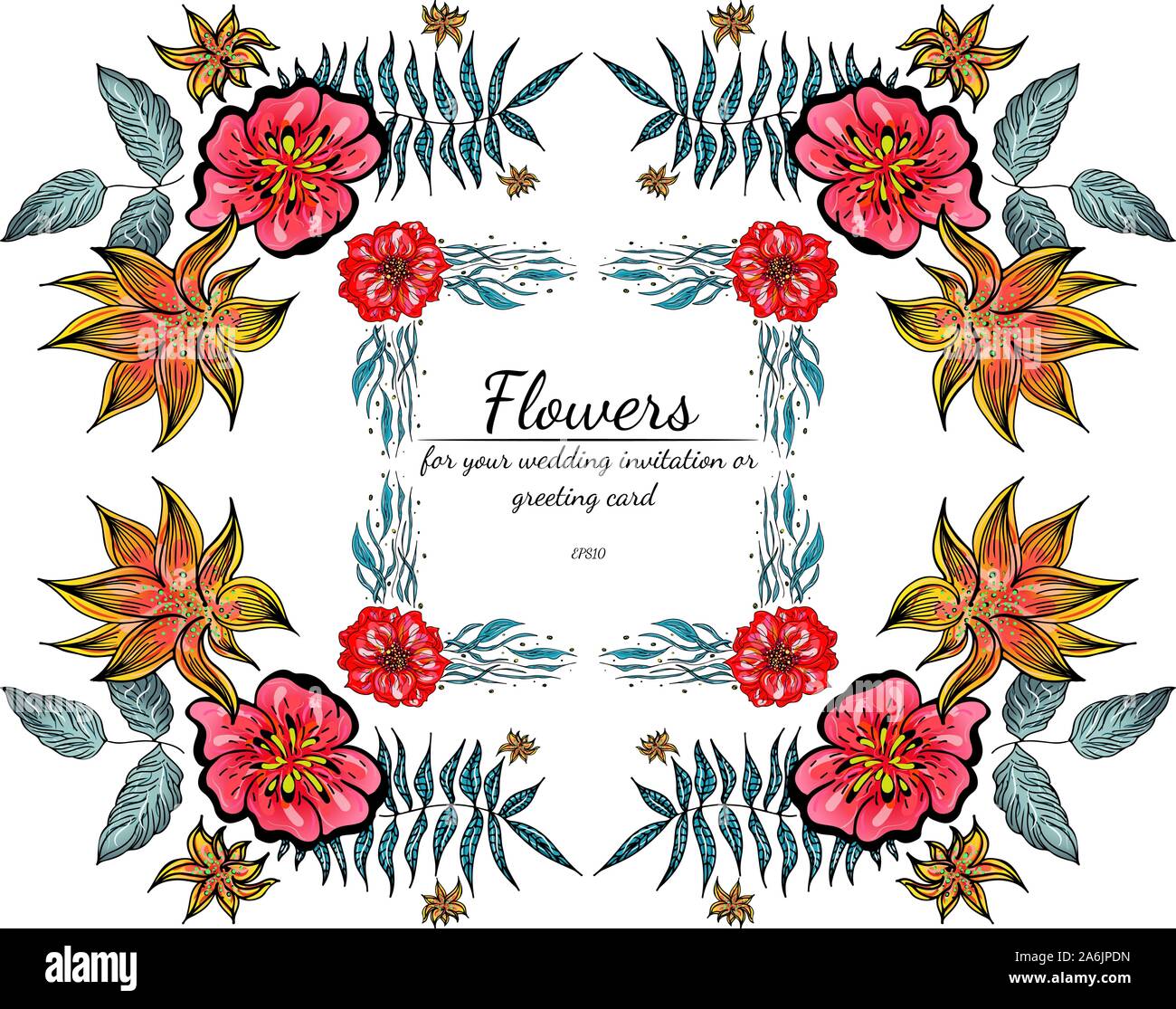 Tropical set of hand drawn floral frames. Jungle foliage illustration ...