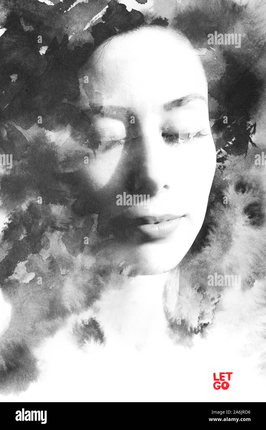 Double exposure. Paintography. Portrait of a beautiful young female ...