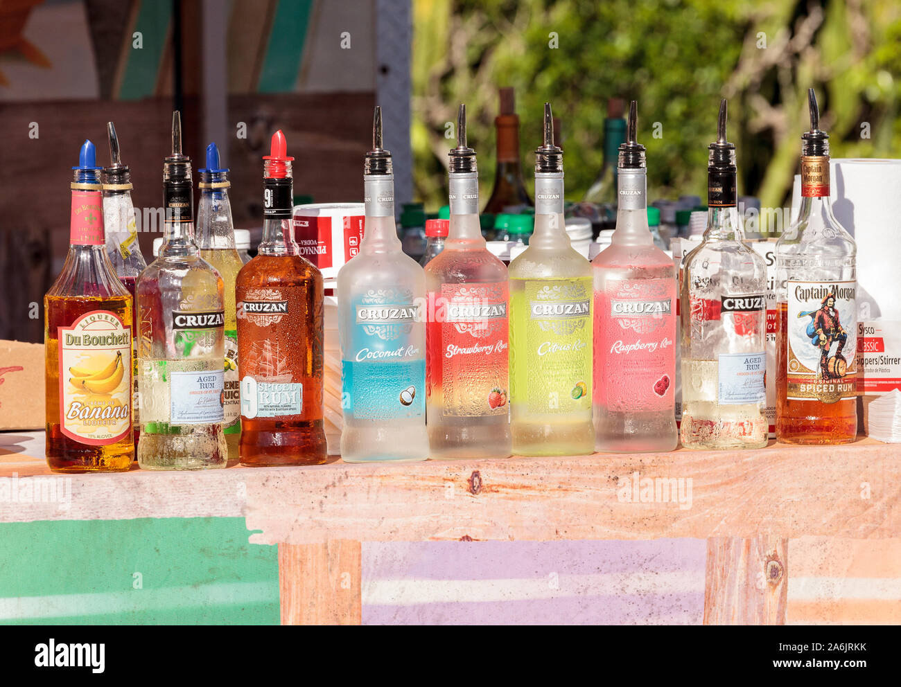 Naples, Florida, USA – October 26, 2019: Colorful Rum bottles line up ...