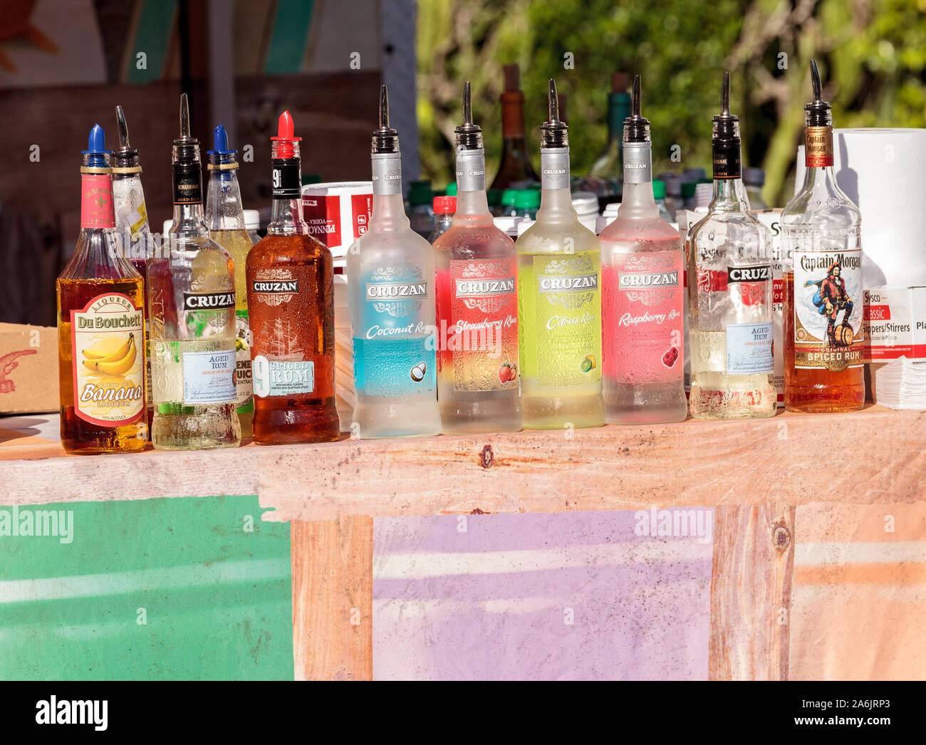 Naples, Florida, USA – October 26, 2019: Colorful Rum bottles line up ...