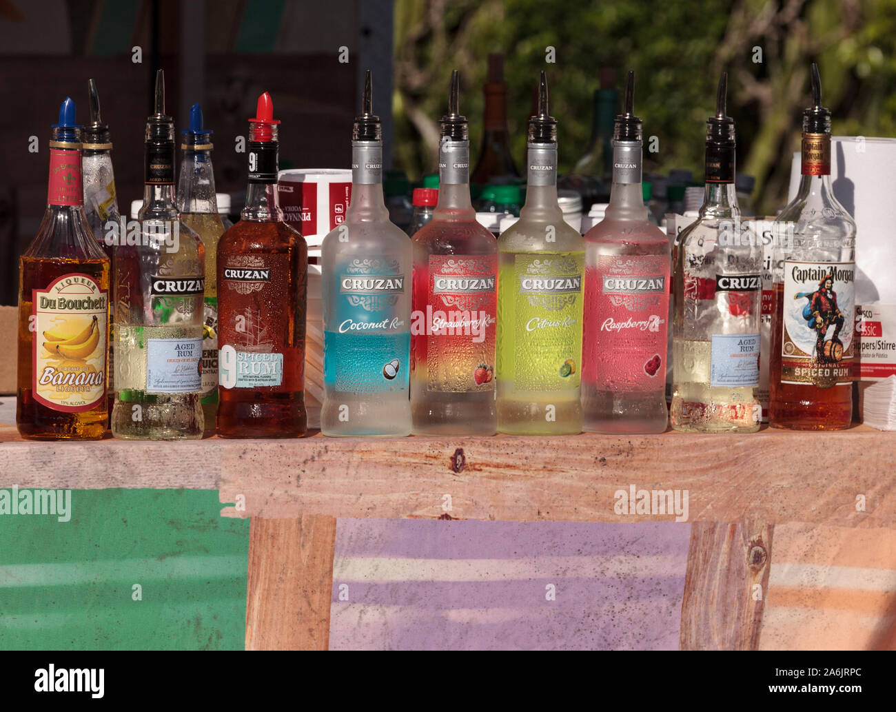 Naples, Florida, USA – October 26, 2019: Colorful Rum bottles line up ...