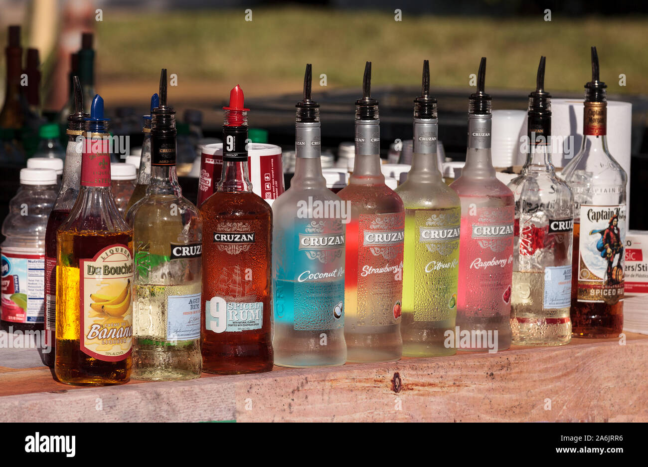 Naples, Florida, USA – October 26, 2019: Colorful Rum bottles line up ...