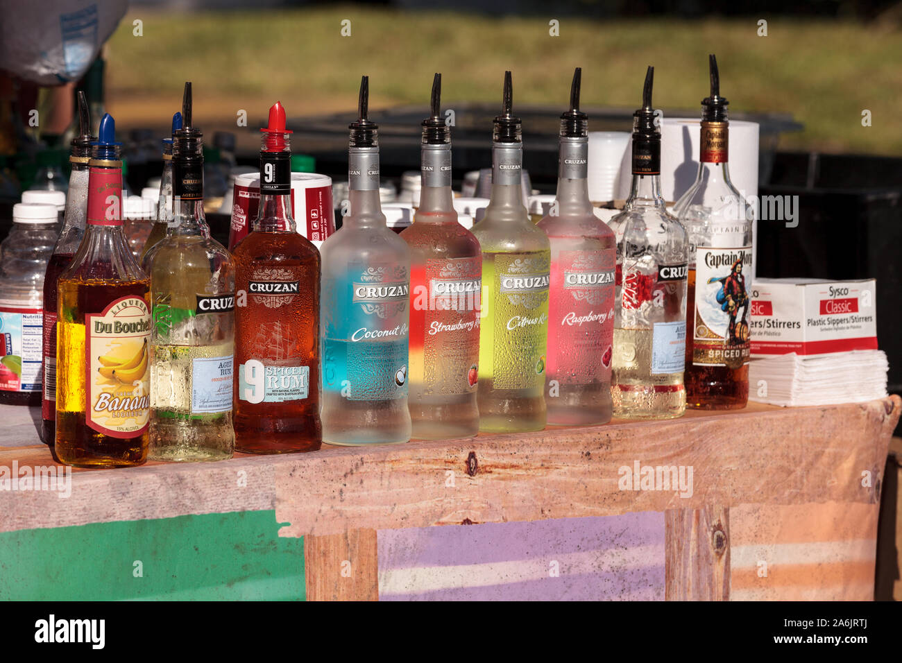 Naples, Florida, USA – October 26, 2019: Colorful Rum bottles line up ...