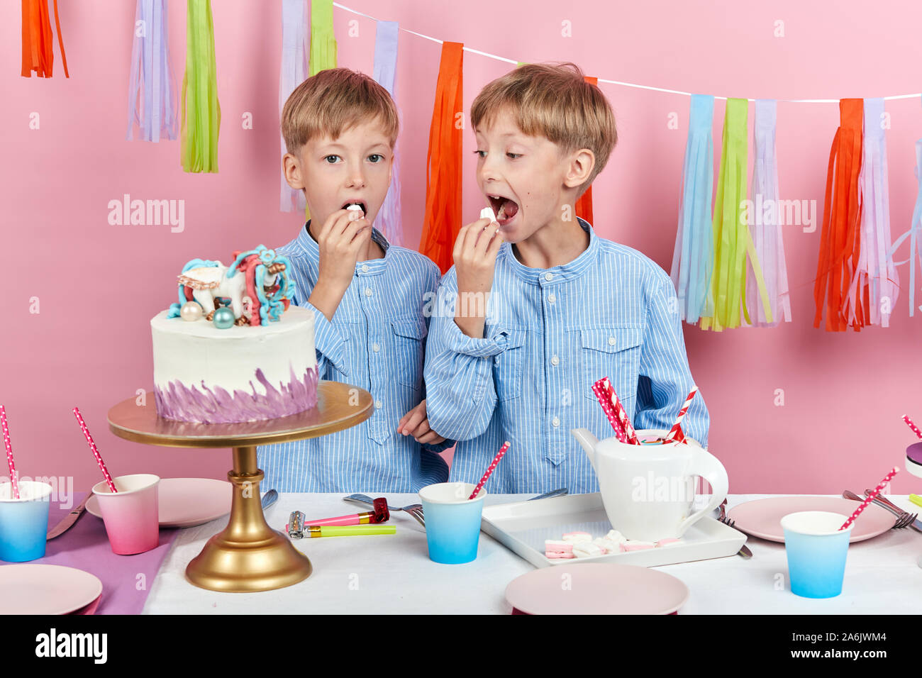 funny two brothers enjoying dessert, isolated pink background, studio ...