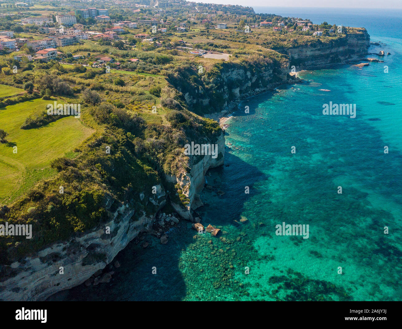 Aerial view of the Calabrian coast, cliffs overlooking the crystal ...