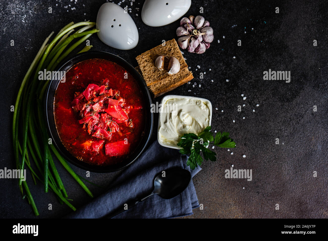 Traditional ukrainian beetroot soup borscht on stone background with ...