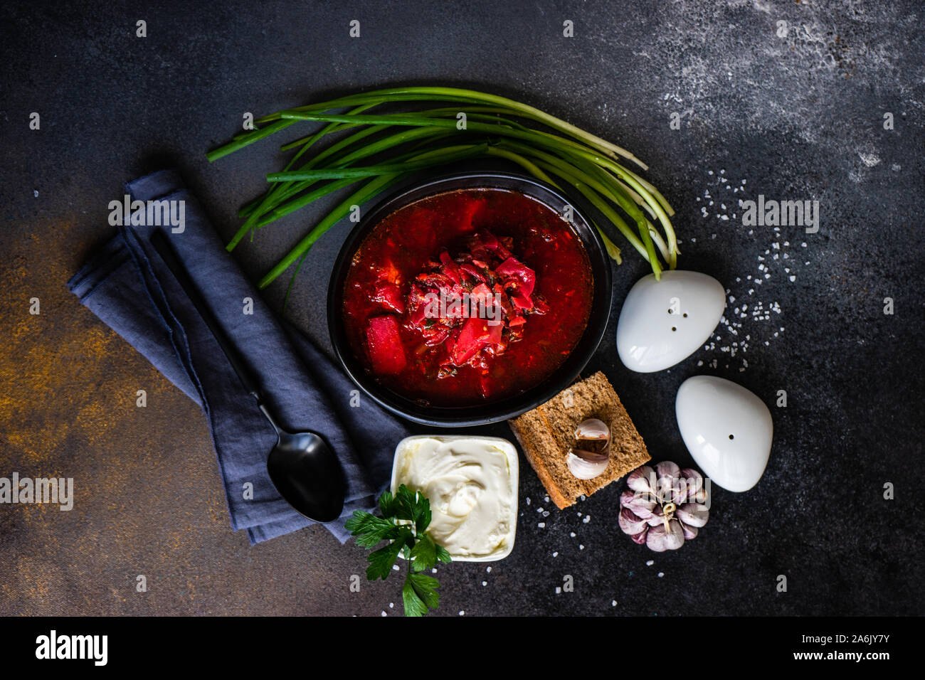 Traditional ukrainian beetroot soup borscht on stone background with ...