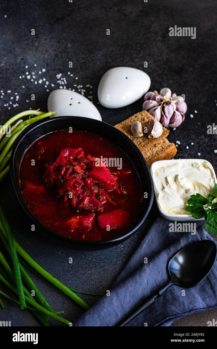 Traditional ukrainian beetroot soup borscht on stone background with ...
