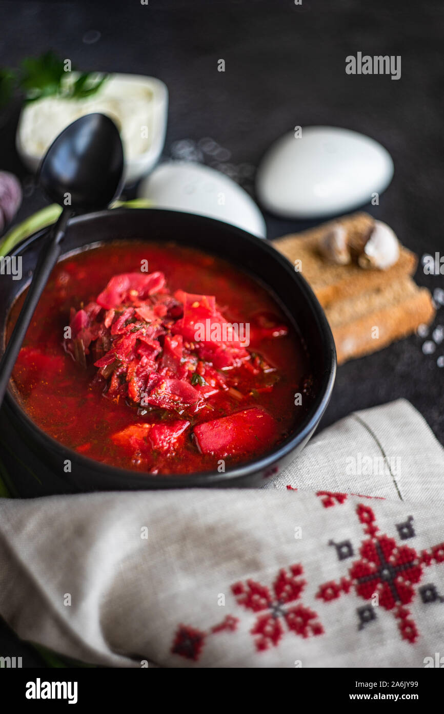 Traditional ukrainian beetroot soup borscht on stone background with ...