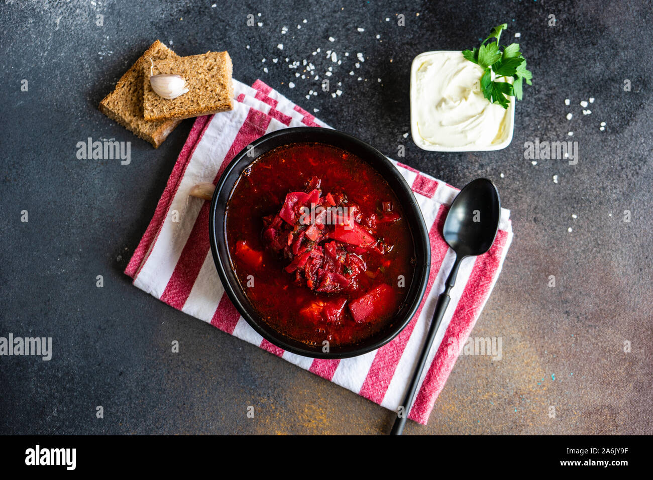 Traditional ukrainian beetroot soup borscht on stone background with ...
