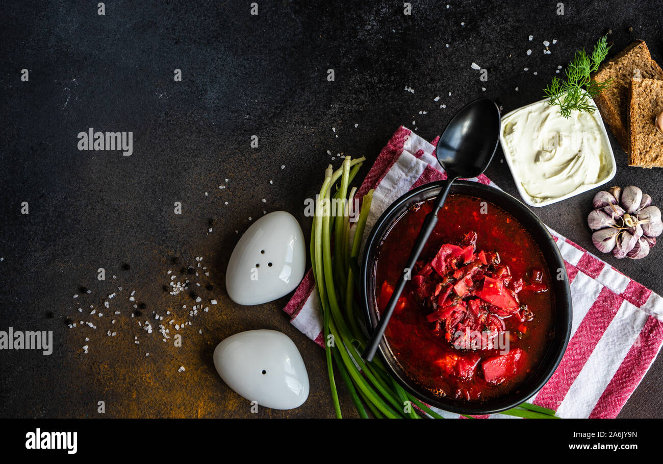 Traditional ukrainian beetroot soup borscht on stone background with ...
