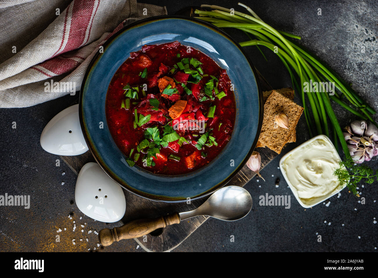 Traditional ukrainian beetroot soup borscht on stone background with ...