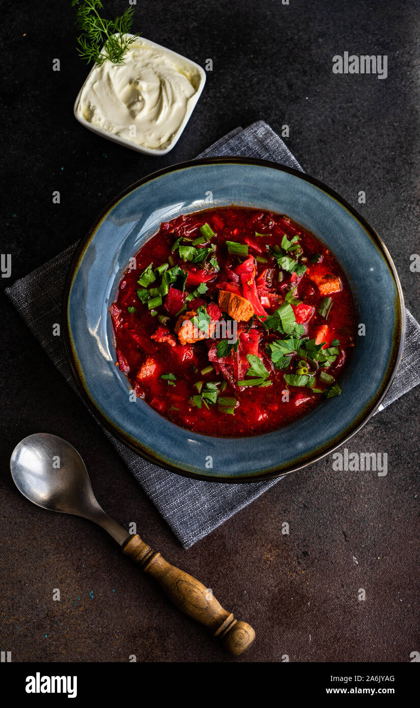 Traditional ukrainian beetroot soup borscht on stone background with ...