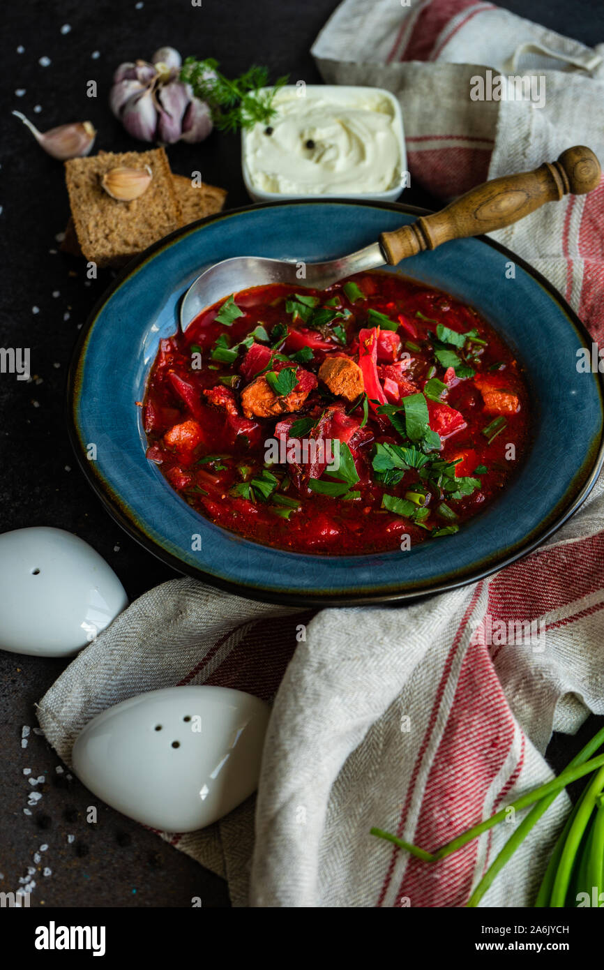 Traditional ukrainian beetroot soup borscht on stone background with ...