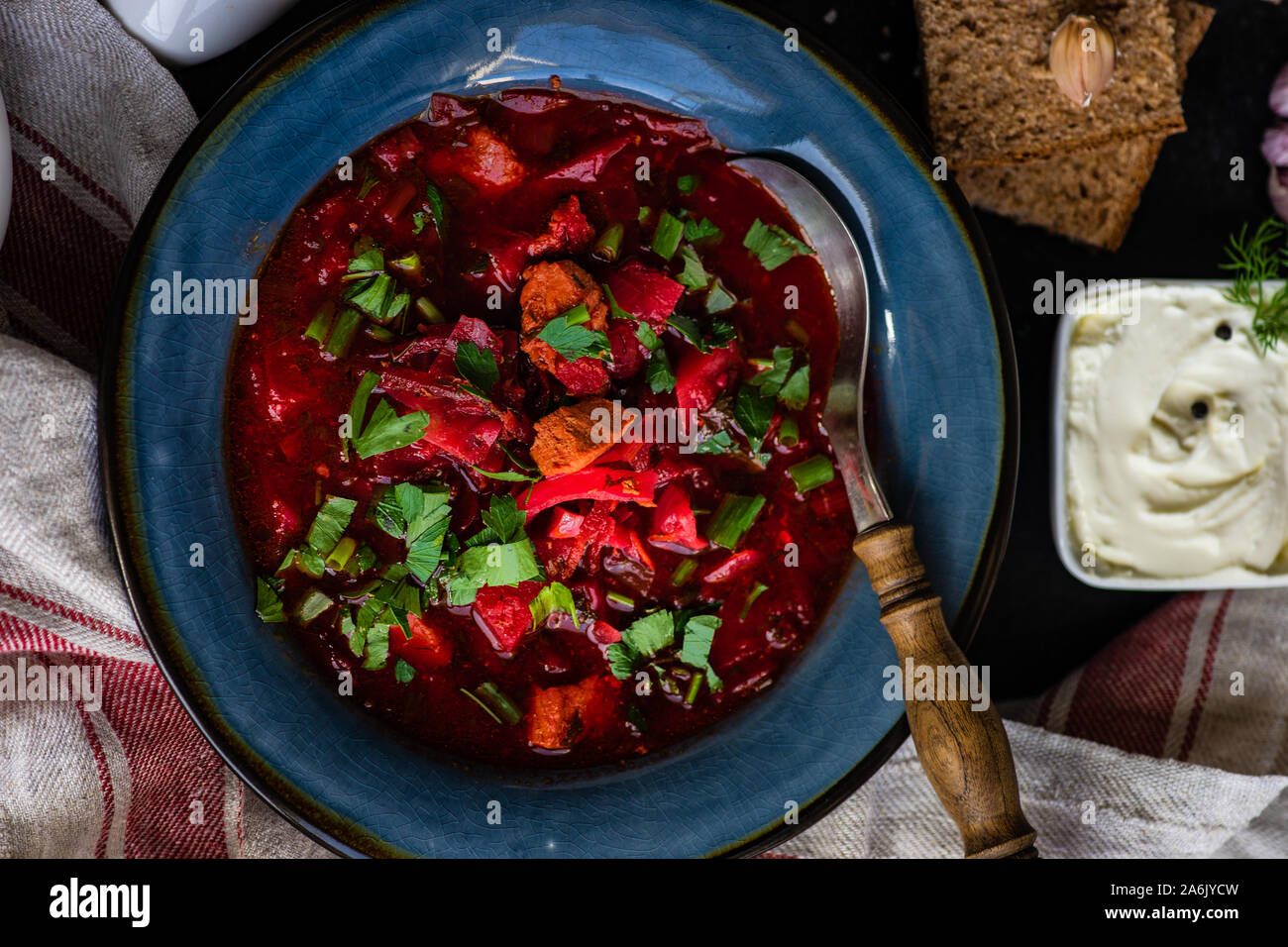 Traditional ukrainian beetroot soup borscht on stone background with ...