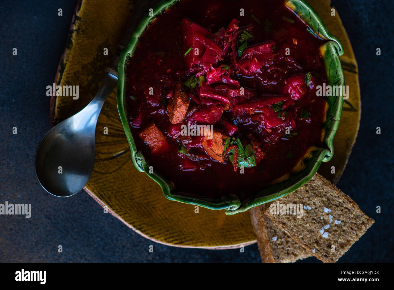 Traditional ukrainian beetroot soup borscht on stone background with ...
