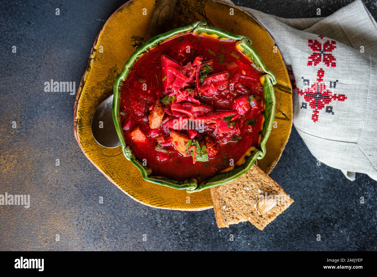 Traditional ukrainian beetroot soup borscht on stone background with ...