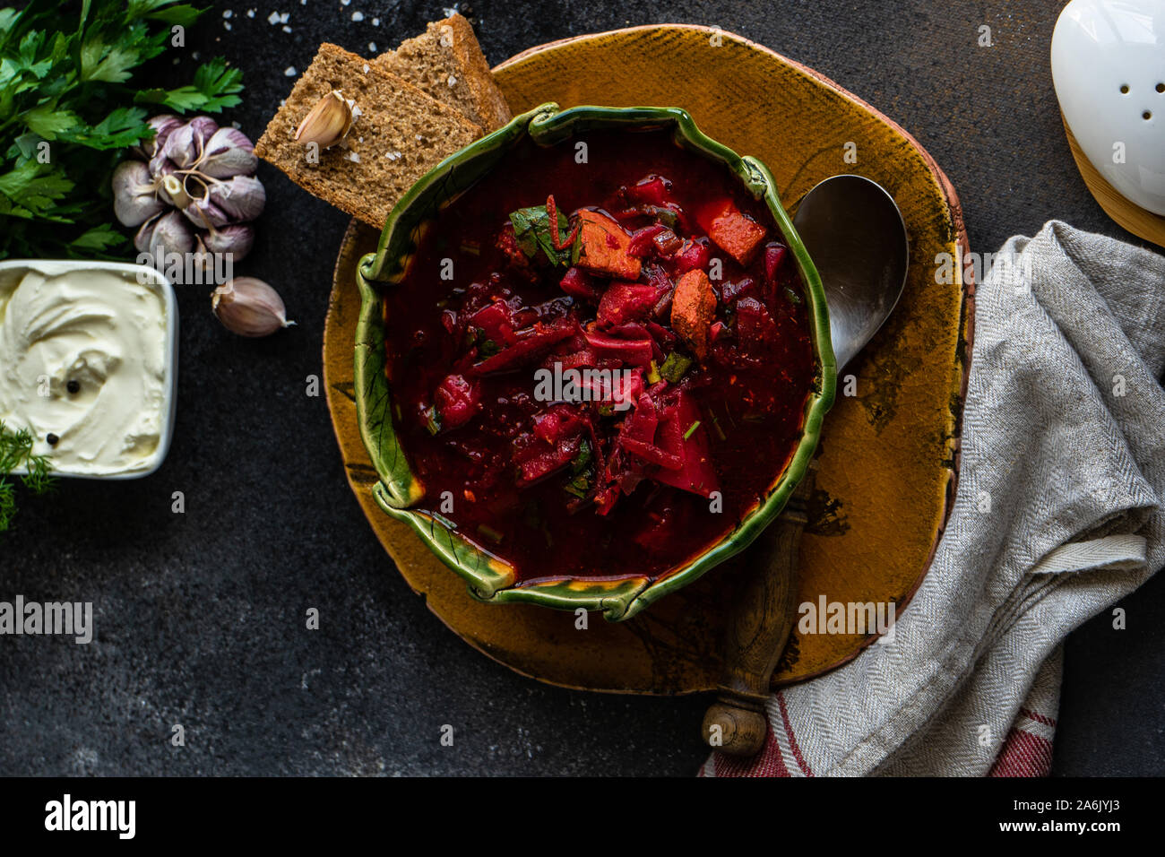 Traditional ukrainian beetroot soup borscht on stone background with ...
