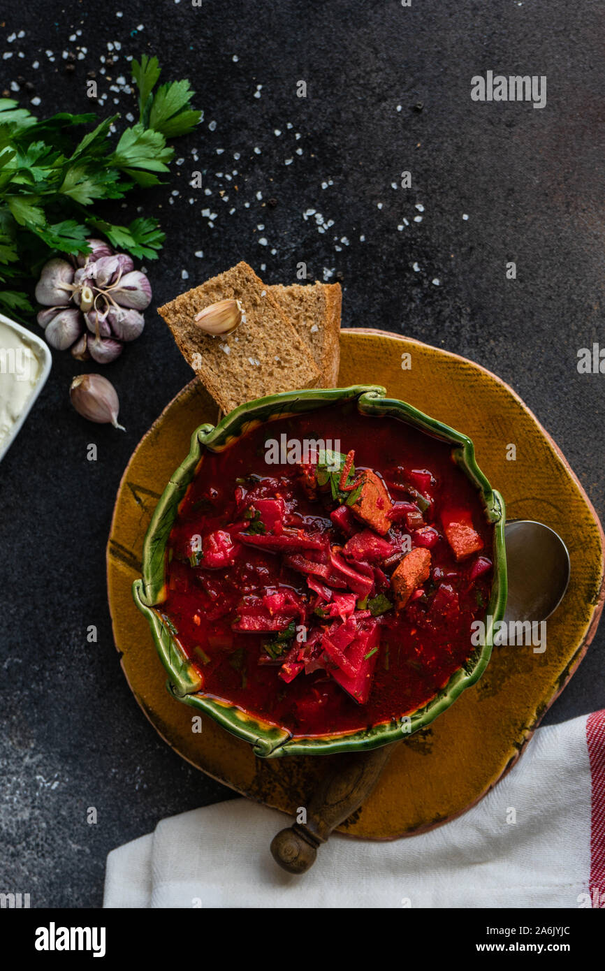 Traditional ukrainian beetroot soup borscht on stone background with ...