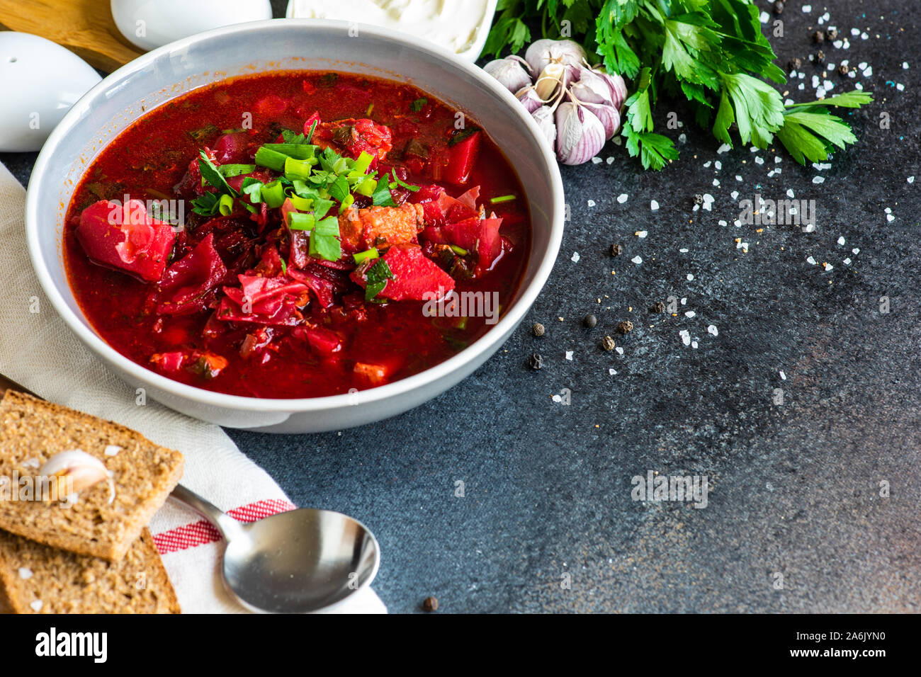 Traditional ukrainian beetroot soup borscht on stone background with ...