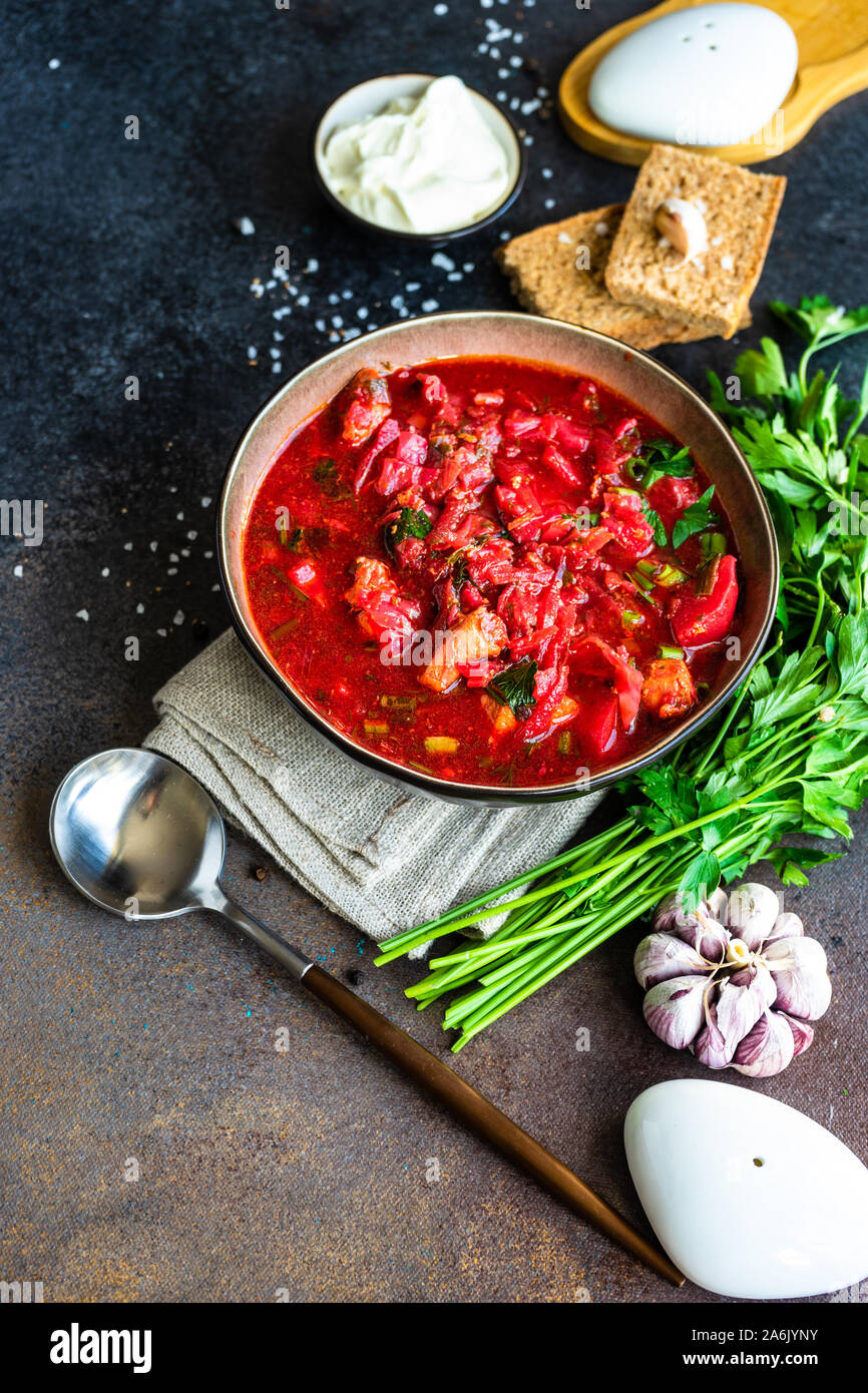 Traditional ukrainian beetroot soup borscht on stone background with ...