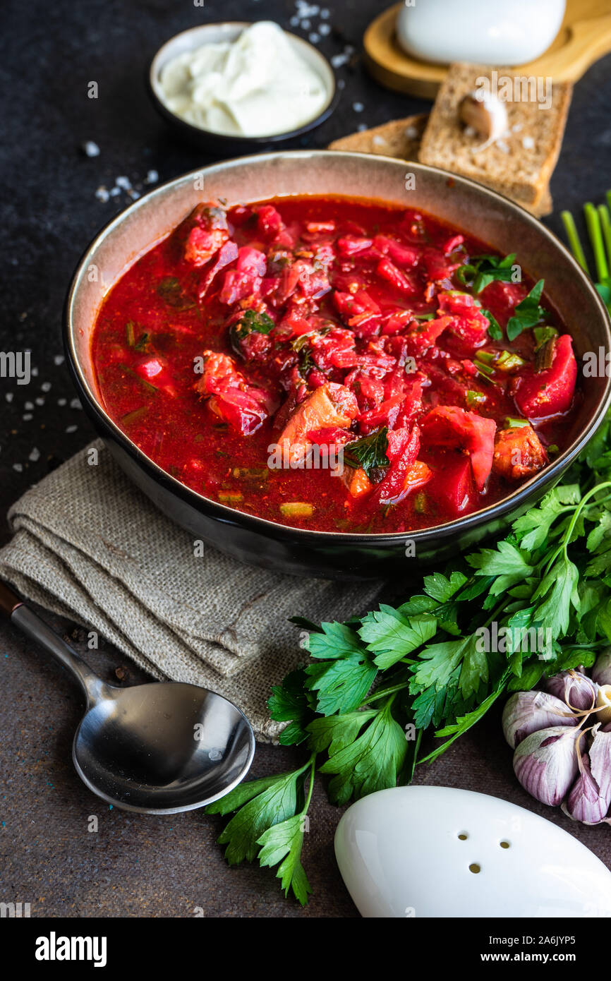 Traditional ukrainian beetroot soup borscht on stone background with ...