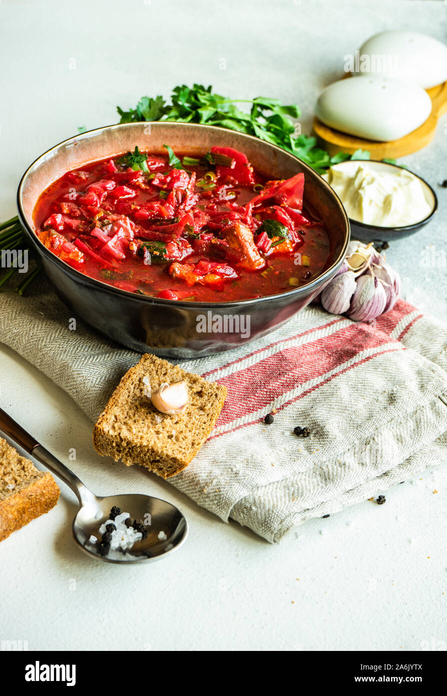 Traditional ukrainian beetroot soup borscht on stone background with ...