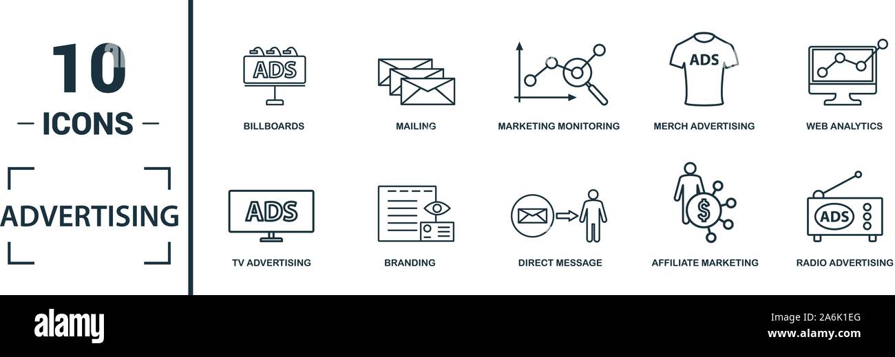 Advertising icon set. Include creative elements focus group, marketing ...