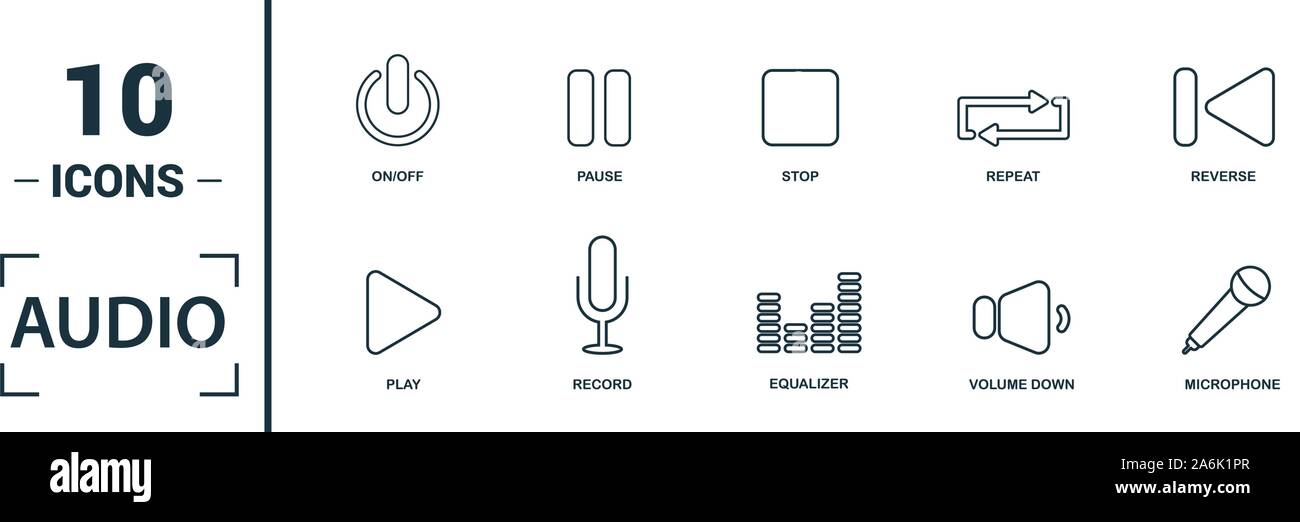 Audio Buttons icon set. Include creative elements play, pause, on off ...