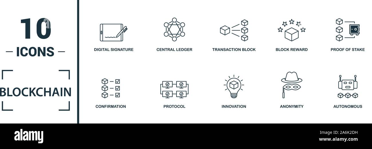 Blockchain icon set. Include creative elements block, distribution ...
