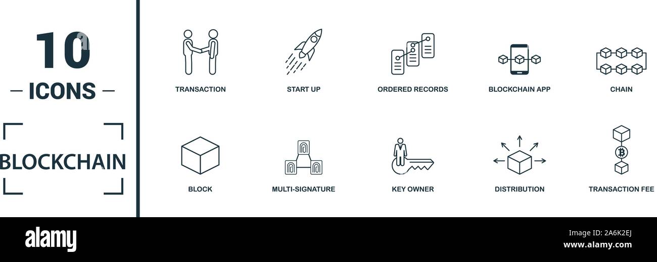 Blockchain icon set. Include creative elements block, distribution, confirmation, anonymity ...
