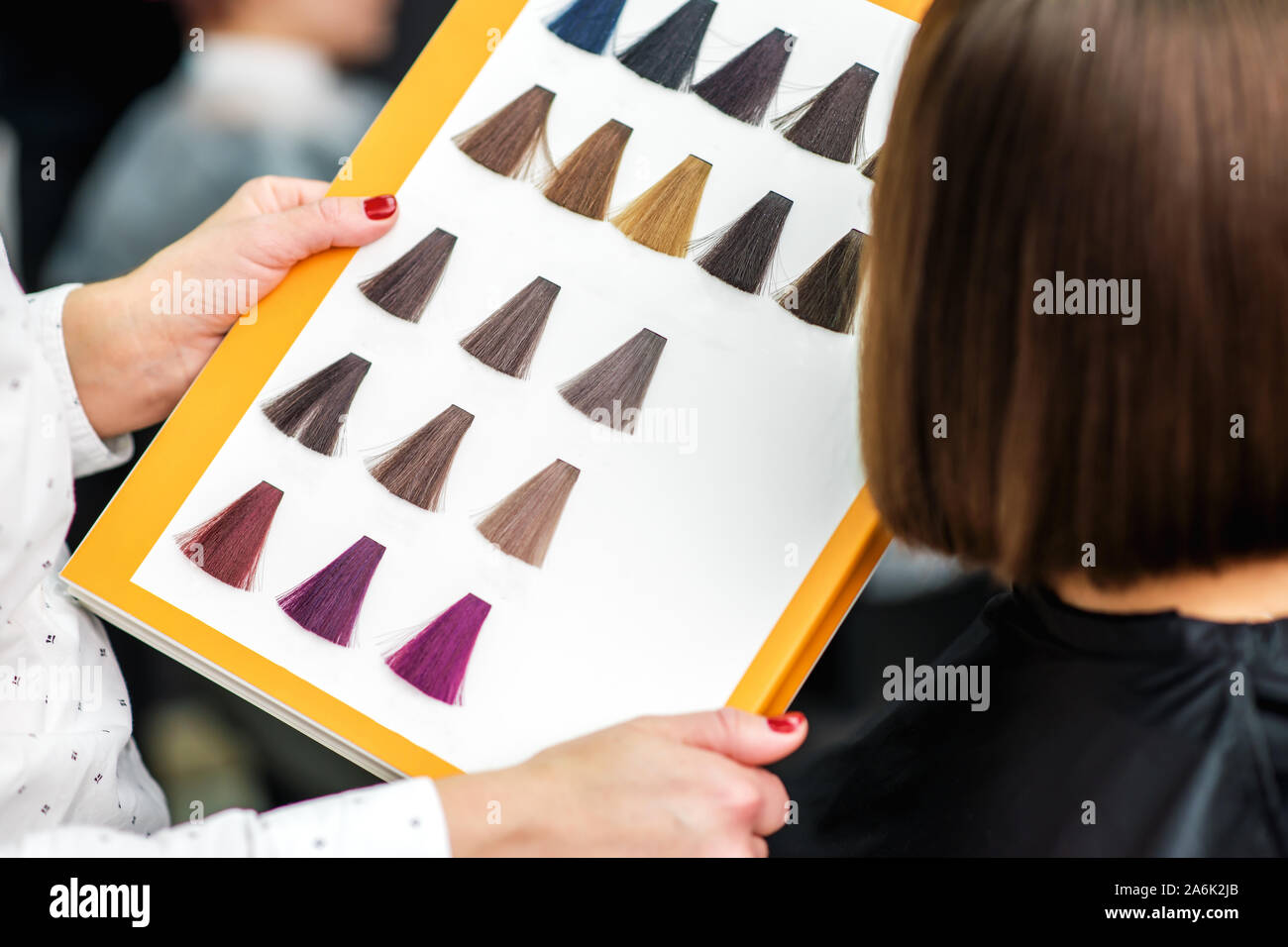 Women hands with a dye color catalog. Women hair color. Woman choosing ...