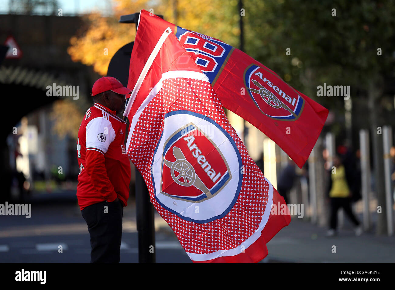 Arsenal flags for sale before the Premier League match at the Emirates ...