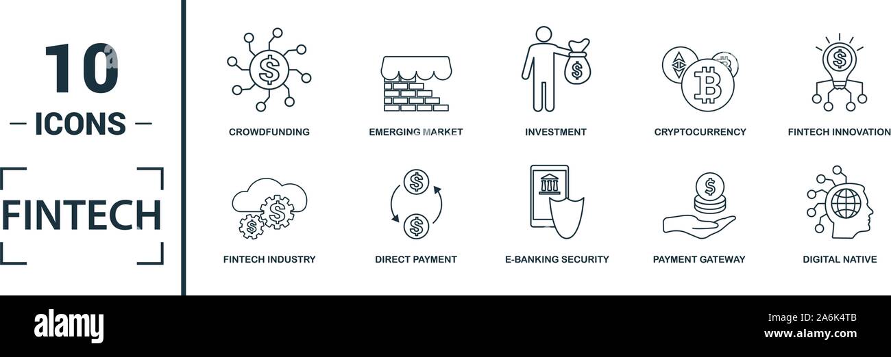Fintech icon set. Include creative elements online banking, direct ...